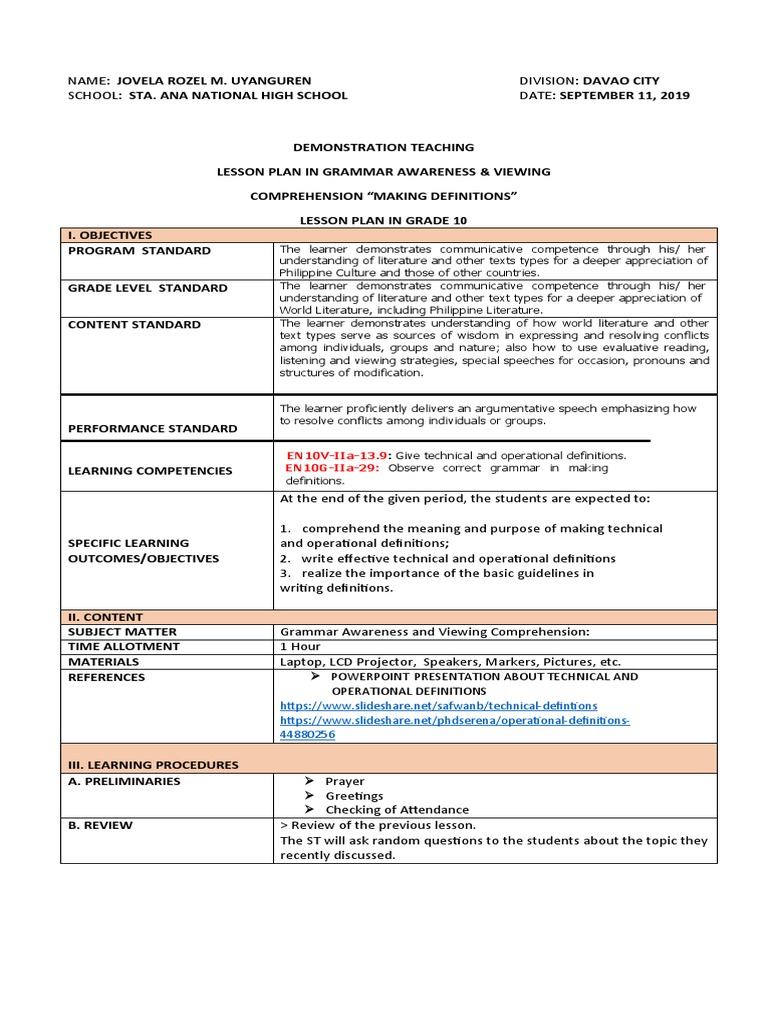 Grade 10 Grammar Lesson Plan | PDF | Reading Comprehension | Learning