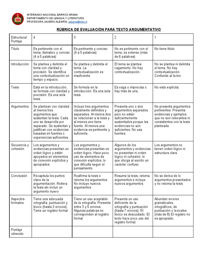 Rúbrica Texto Argumentativo 1 | PDF