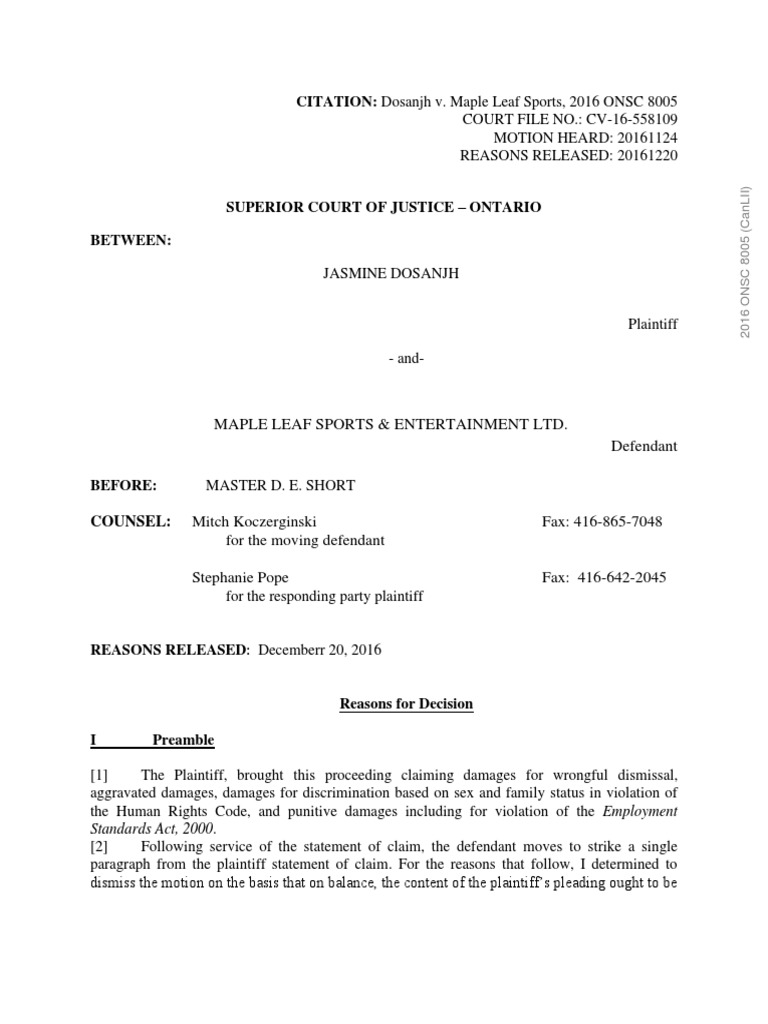 2016 Onsc 8005 | PDF | Relevance (Law) | Punitive Damages