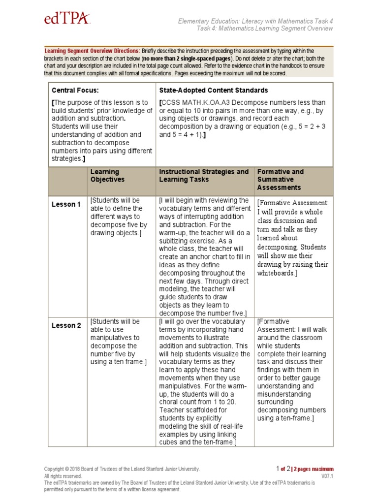 Task 4 Part B Elementary Mathematics Learning Segment Overview | PDF ...