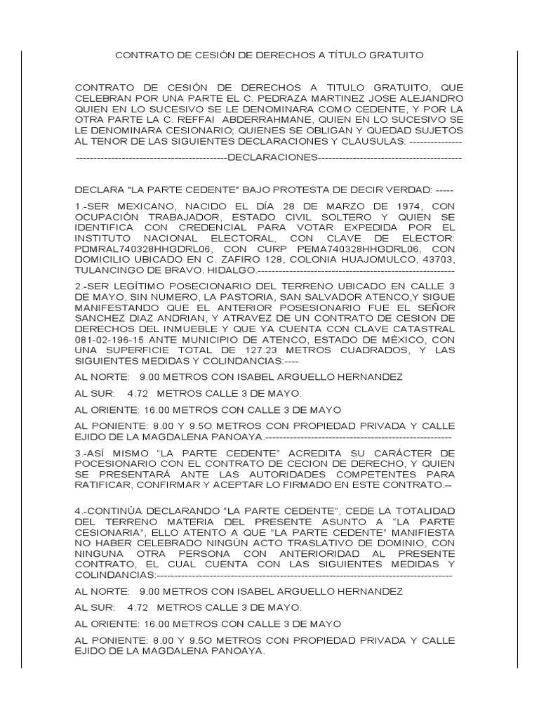 Contrato de Cesión de Derechos A Título Gratuito Jose Alejandro Pedraza ...