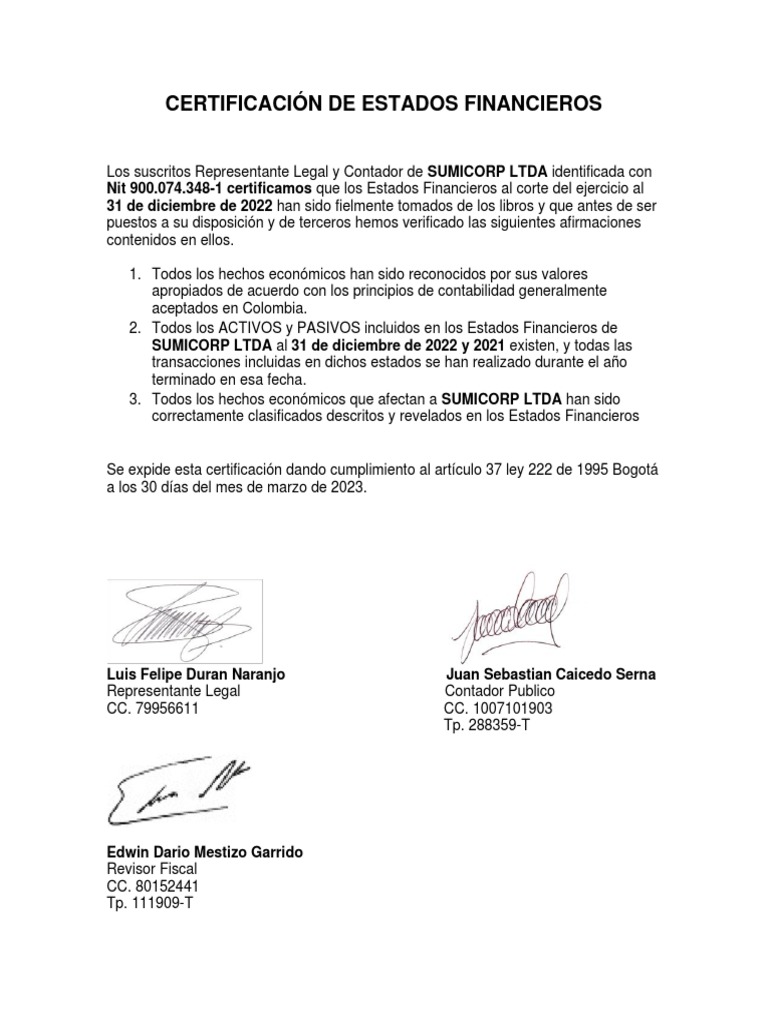 Certificación de Estados Financieros 2022 | PDF | Finanzas y dinero | Derecho