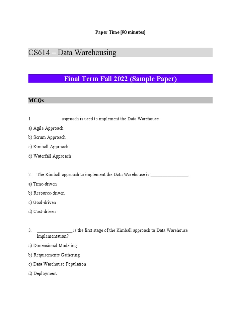 Paper Pattern-Sample Paper - CS614 | PDF | Data Warehouse | Database Index
