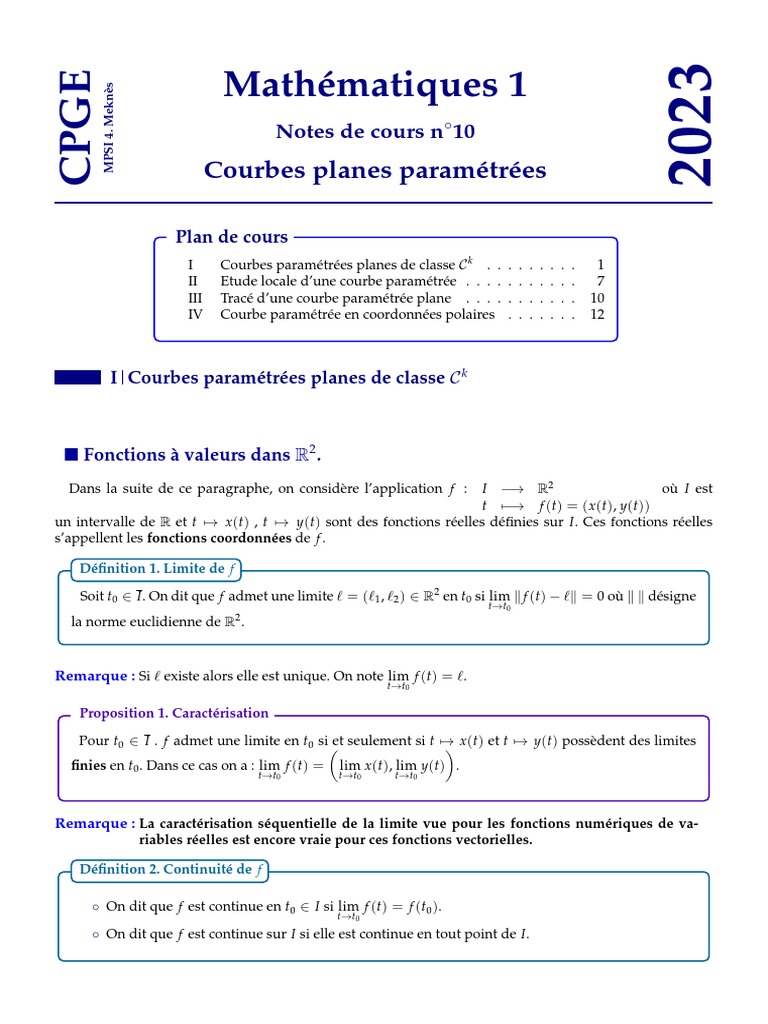 Cours Courbe Plane Mpsi | PDF