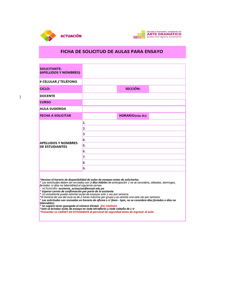 Ficha de Solicitud de Aulas para Ensayo 2023 | PDF
