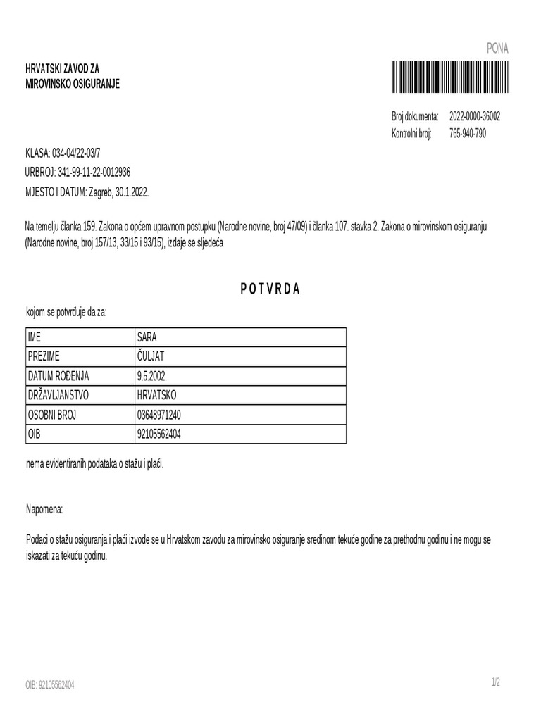 Potvrda o Stazu I Placi | PDF