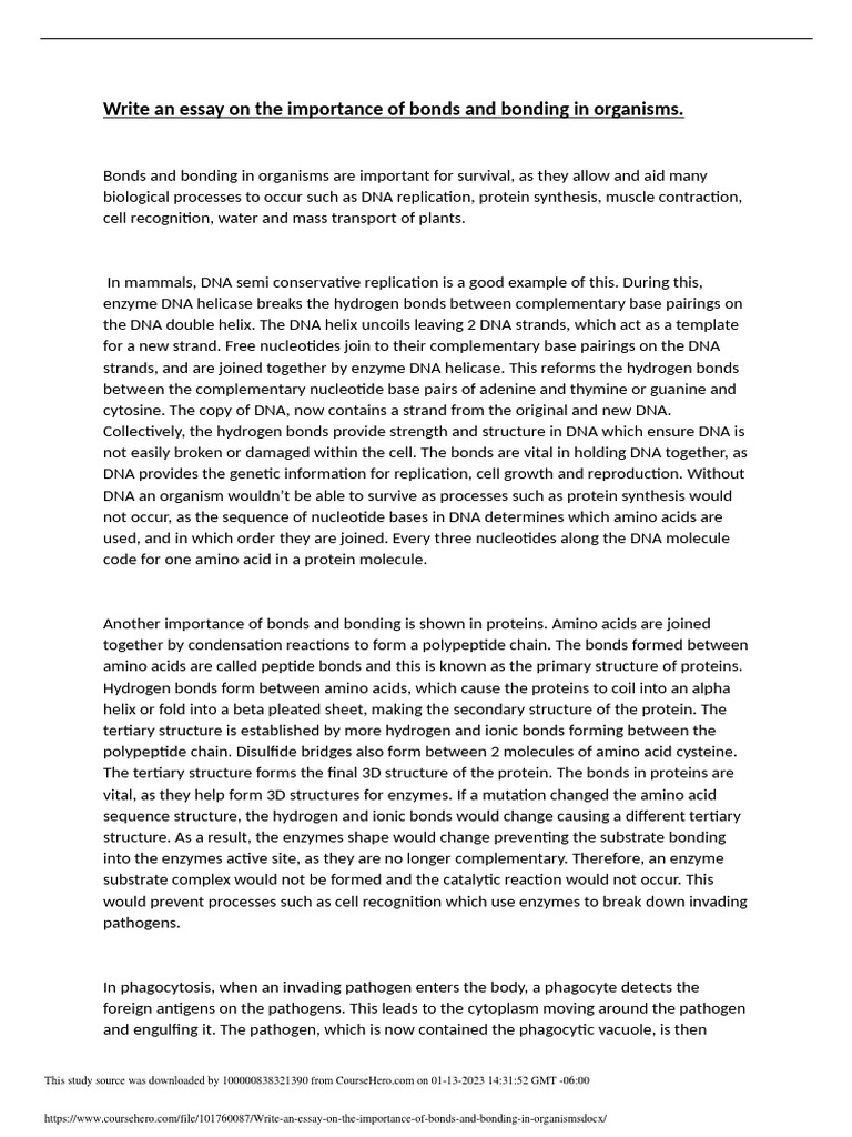 Write An Essay On The Importance of Bonds and Bonding in Organisms | PDF
