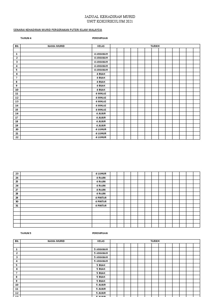 Jadual Kehadiran Murid 2021 | PDF