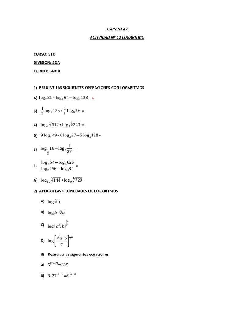 Ejercicios de Logaritmos para 5to Grado | PDF | Informática | Tecnología