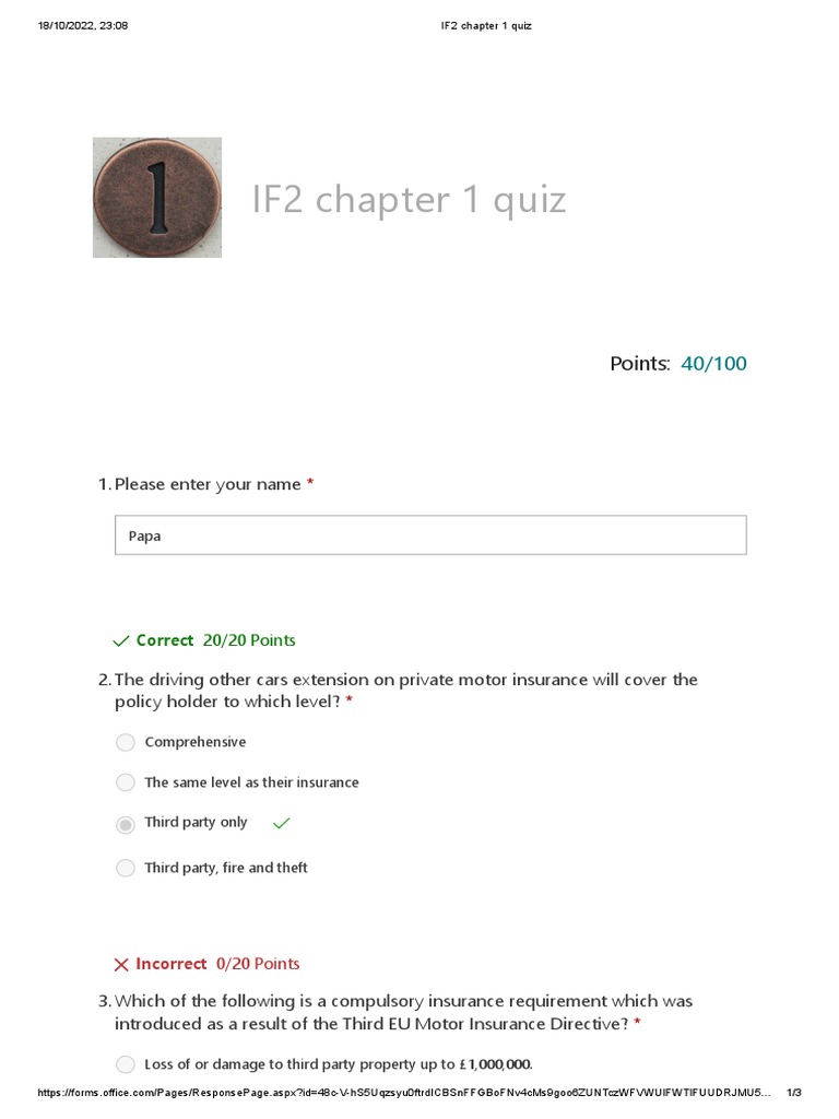 IF2 Chapter 1 Quiz | PDF | Vehicle Insurance | Insurance