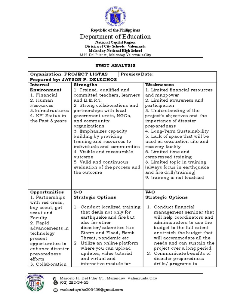 SWOT Analysis for Project Ligtas | PDF | Sustainability | Disaster Risk ...