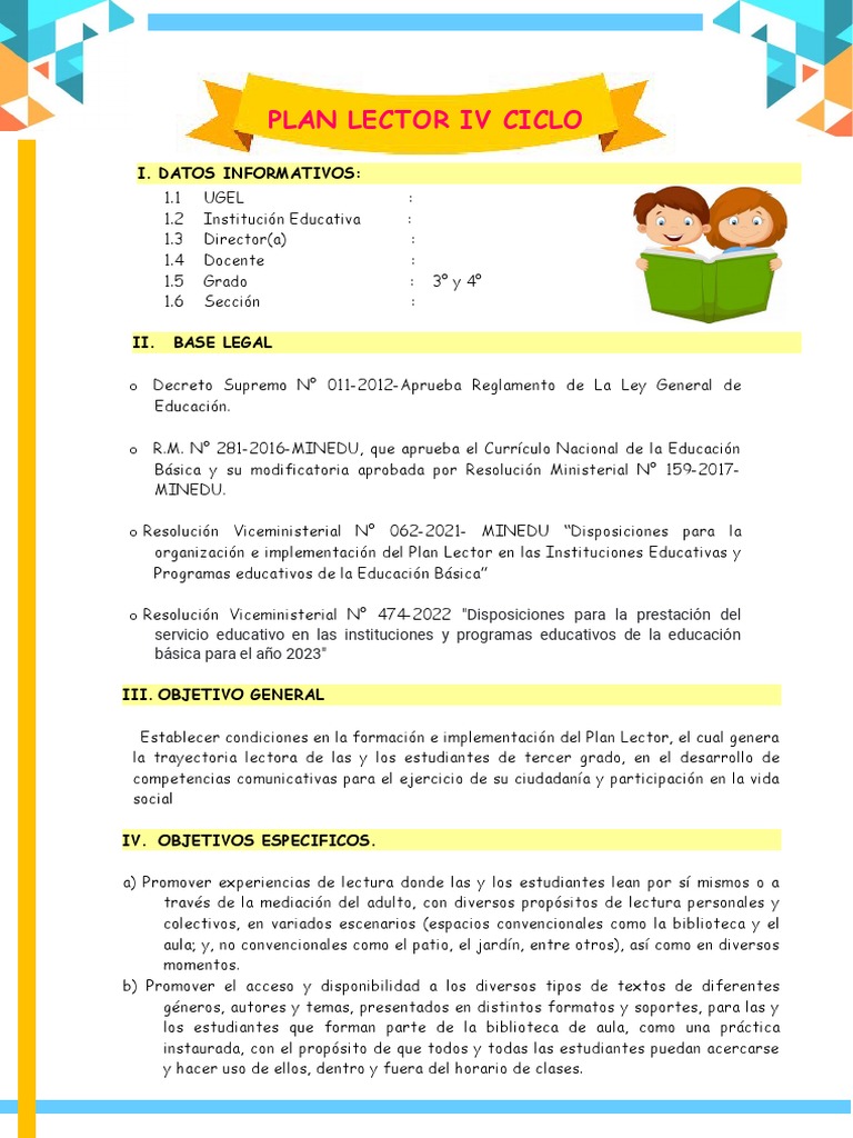 PLAN LECTOR 2023 IV CICLO - sugerente | PDF | Salón de clases | Información