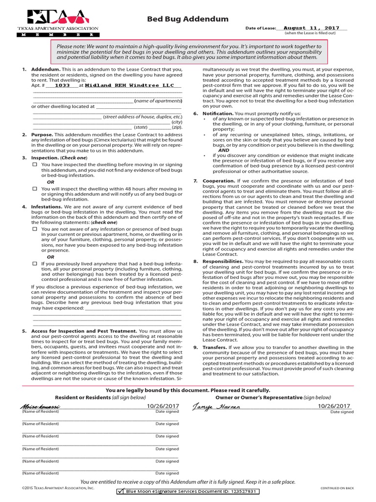 Bed Bug Addendum: August 11, 2017 | PDF | Lease | Insurance
