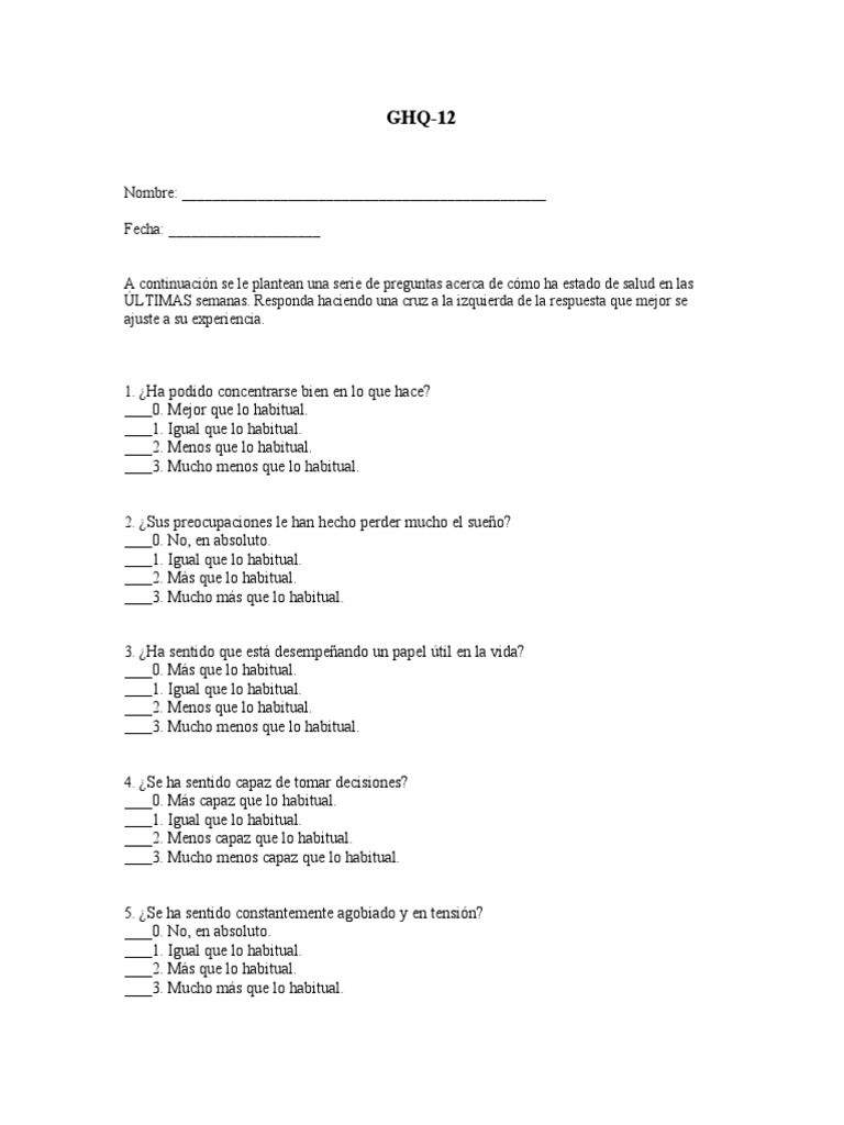 Cuestionario GHQ-12: Evaluación de Salud Mental | PDF