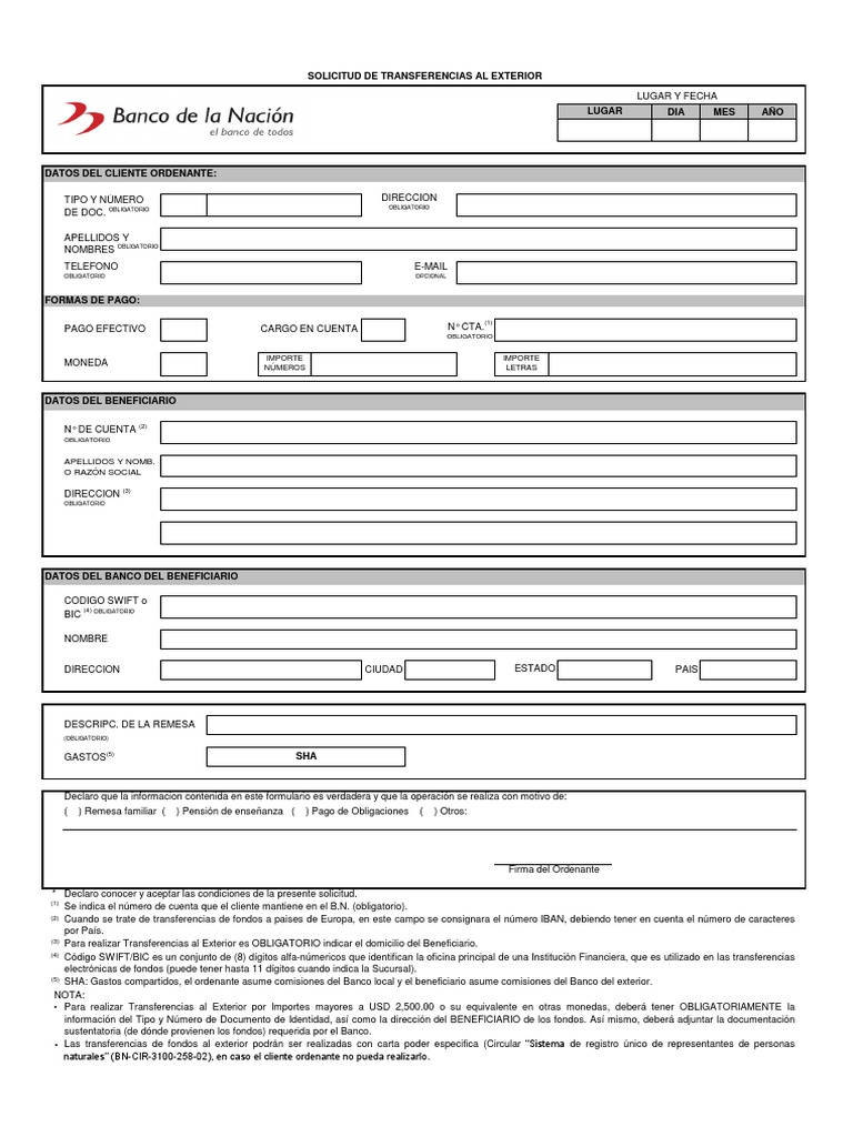 Formato Solicitud Transferencias Al Exterior Efectivo | Descargar ...