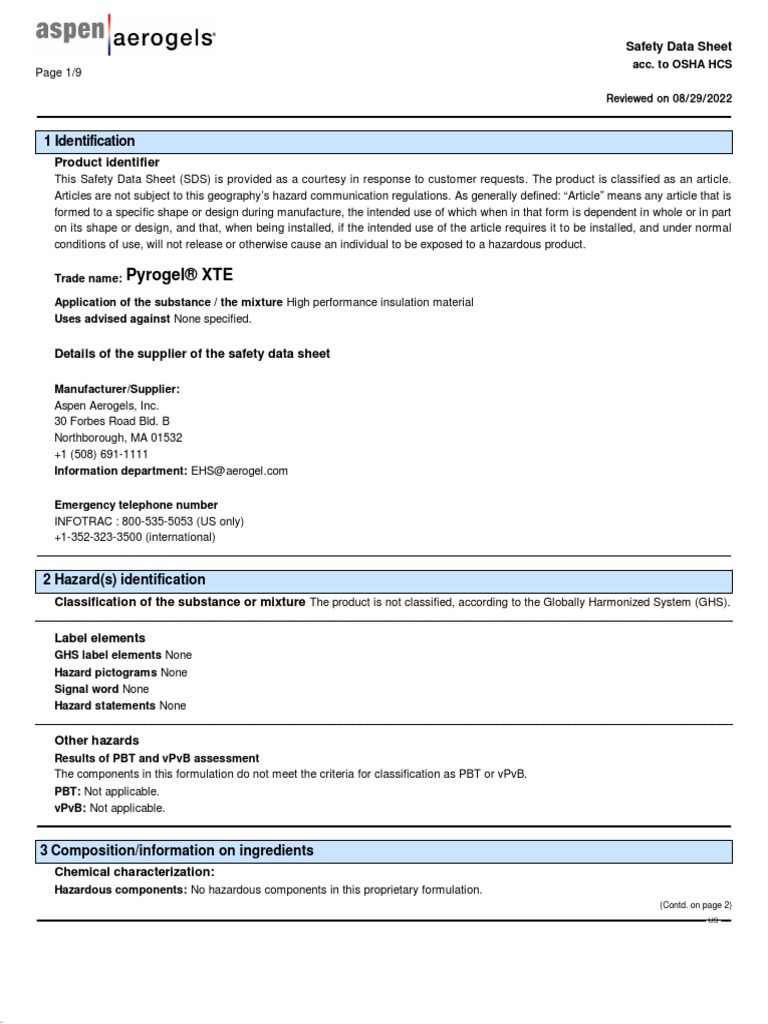 Pyrogel XTE US EN SDS 08292022 | PDF | Occupational Safety And Health ...