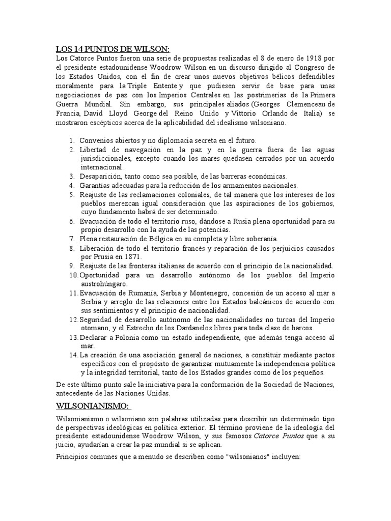 Los 14 Puntos de Wilson | PDF | Liga de las Naciones | Tratado de Versalles Los 14 Puntos de Wilson | PDF | Liga de las Naciones | Tratado de Versalles