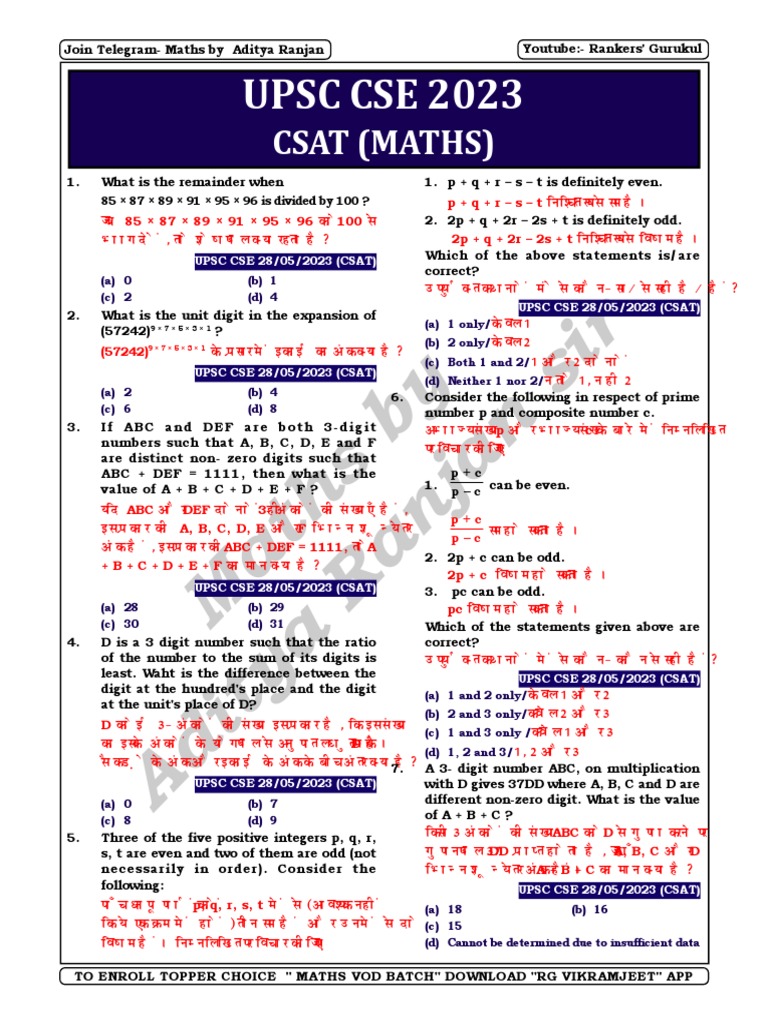 UPSC CSE 2023 28-05-2023 (CSAT) Maths | PDF | Elementary Mathematics | Arithmetic