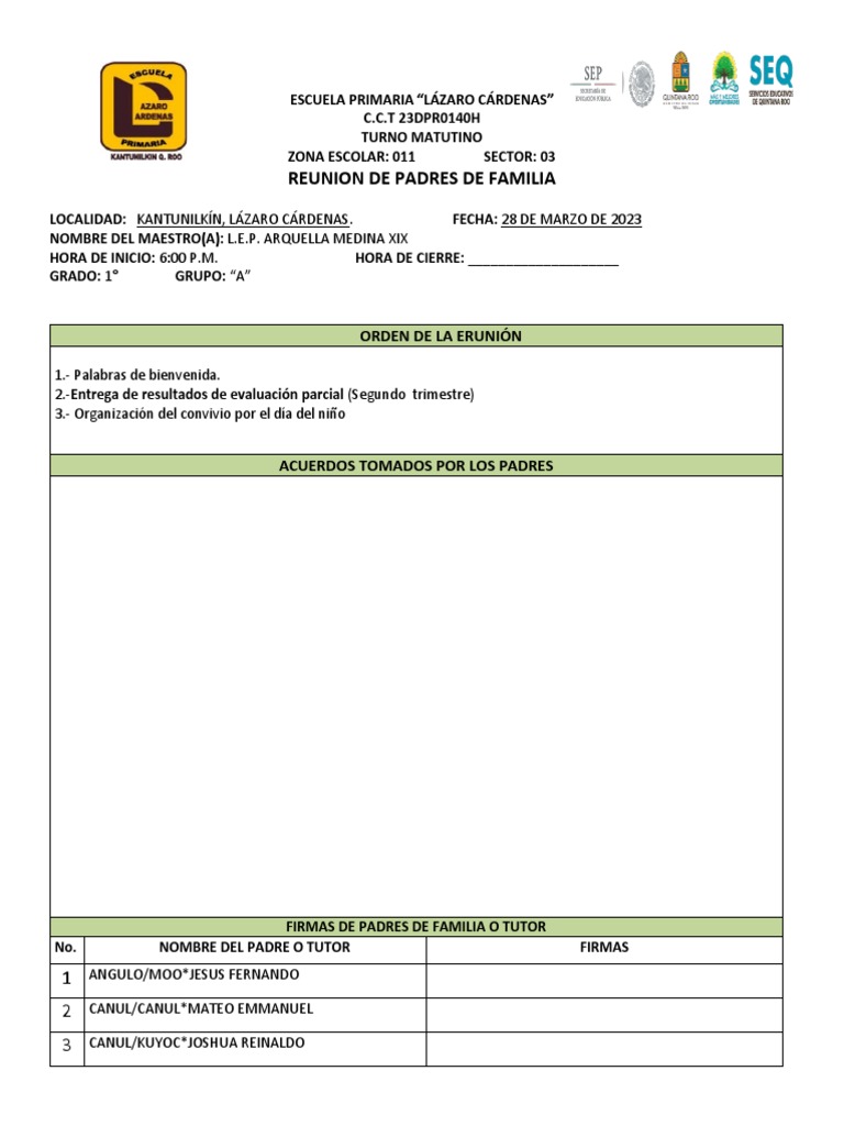 Formato para Reunión de Padres de Fam | PDF