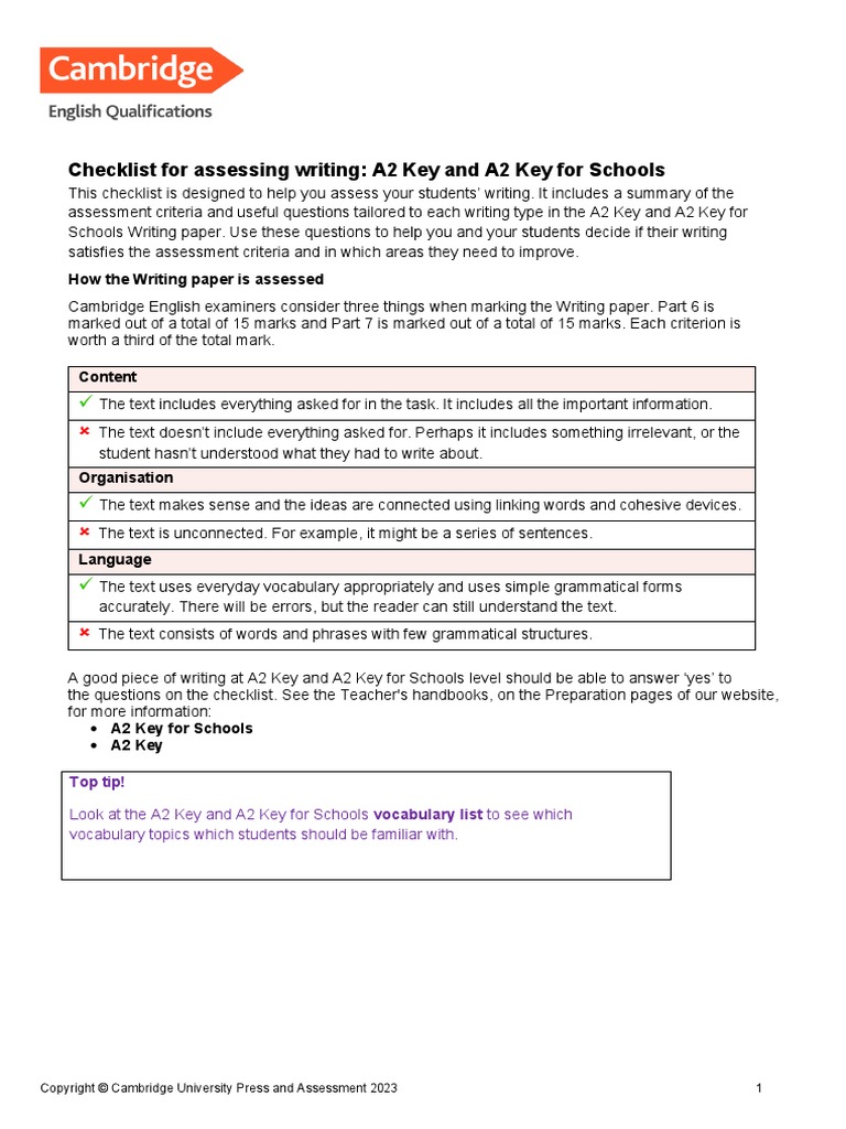 A2 Key For Schools Writing Checklist For Teachers | PDF | Question | Word