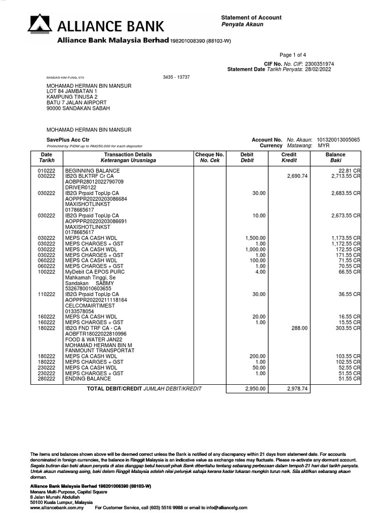 CIF No. No. CIF: 2300351974 Statement Date Tarikh Penyata: 28/02/2022 | PDF | Debit Card ...