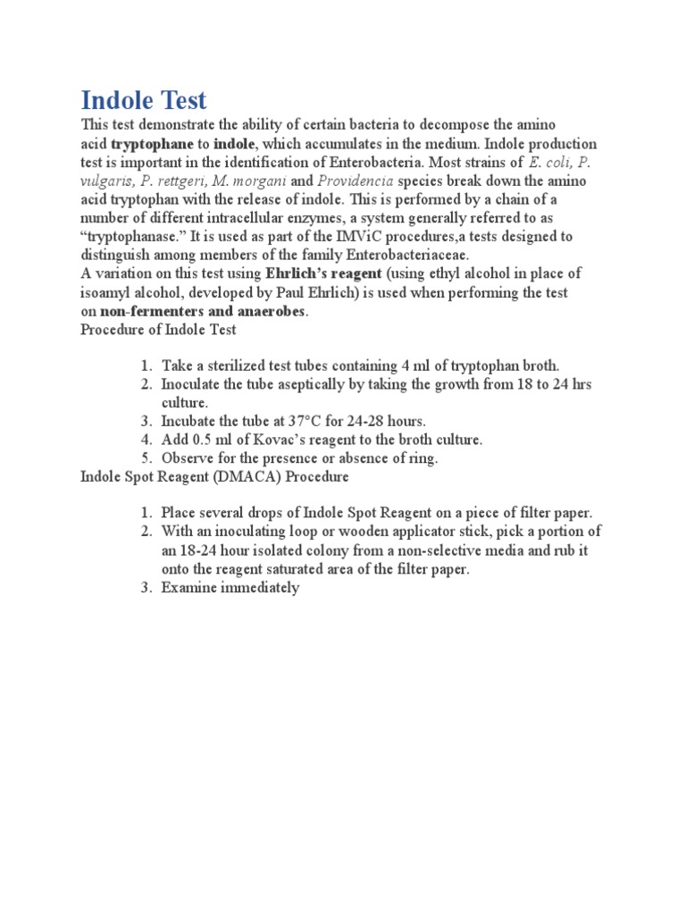 Indole Test: Vulgaris, P. Rettgeri, M. Morgani and Providencia Species ...