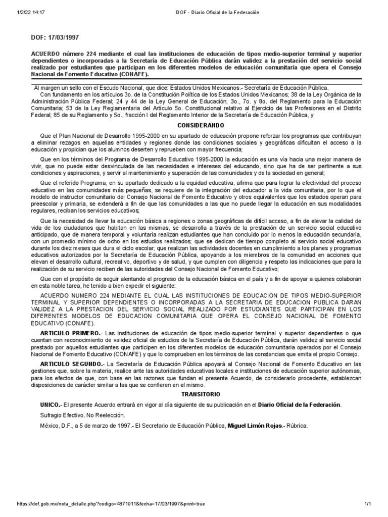 ACUERDO Número 224-CONAFE-DOF - Diario Oficial de La Federación | PDF
