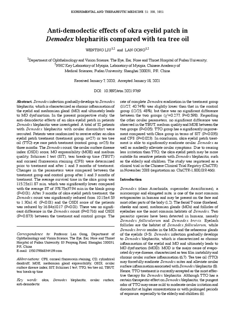 Anti-demodectic effects of okra eyelid patch in Demodex blepharitis ...