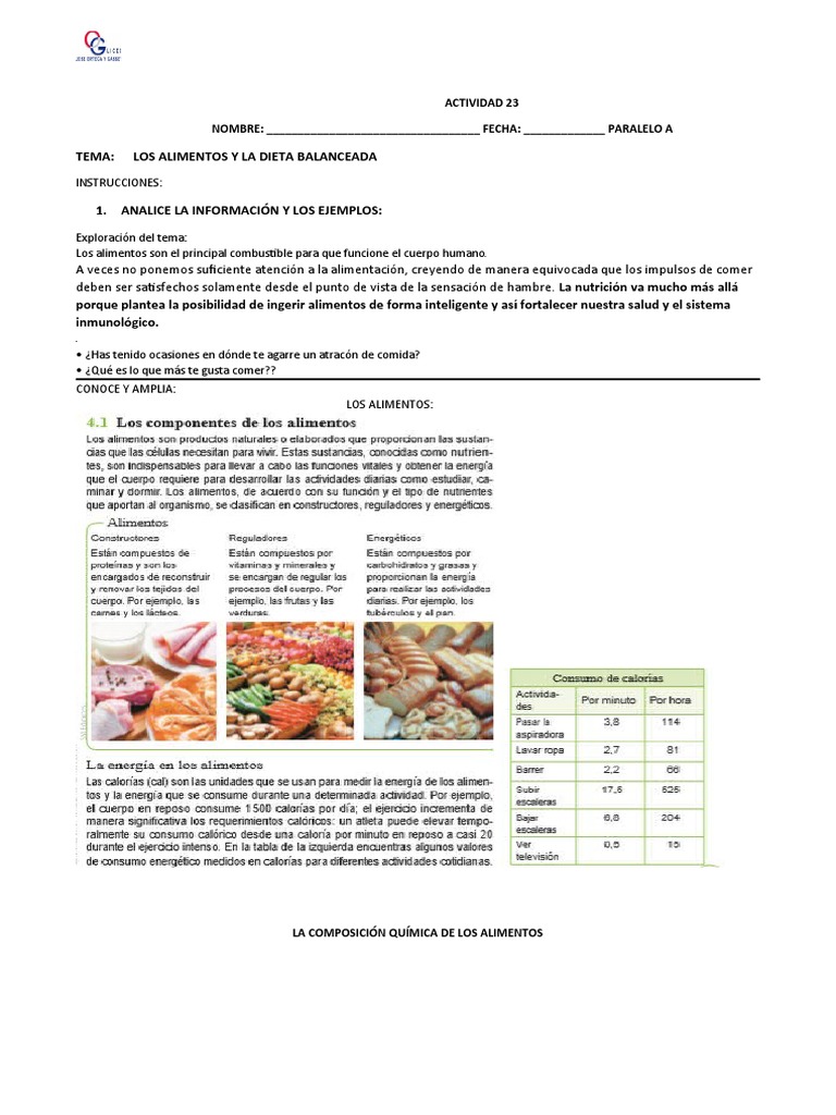 Actividad 23, Los Alimentos y La Dieta Balanceada | PDF | Alimentos | Dieta
