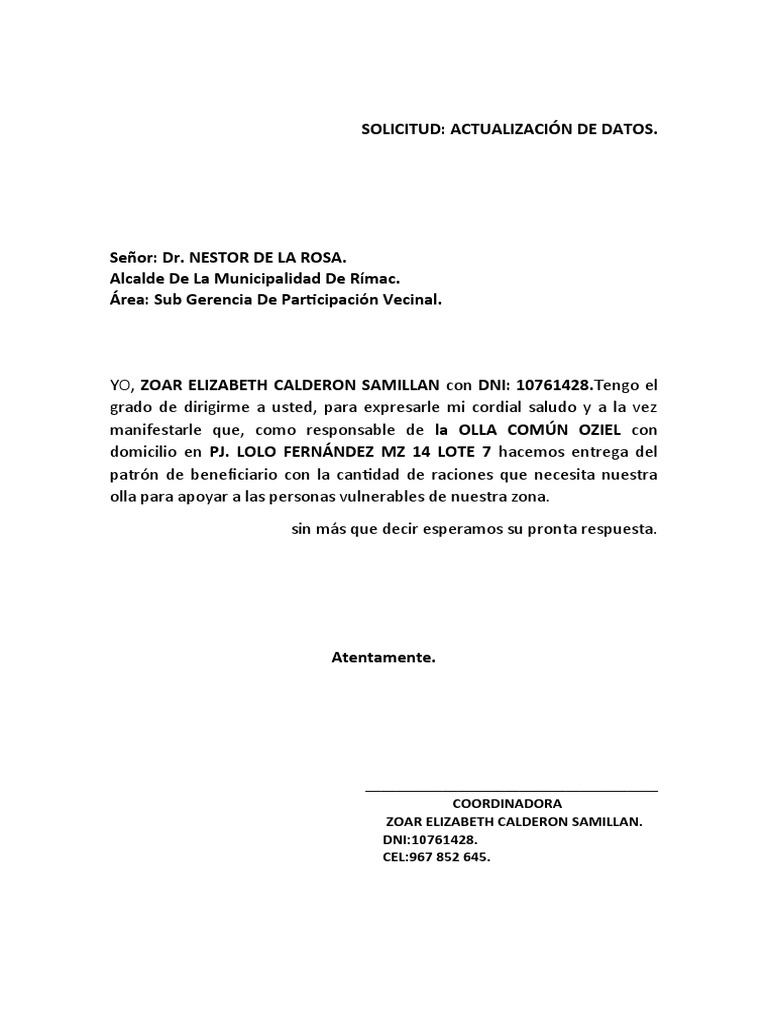 Solicitud Actualizacion OLLA OZIEL 2023 | PDF