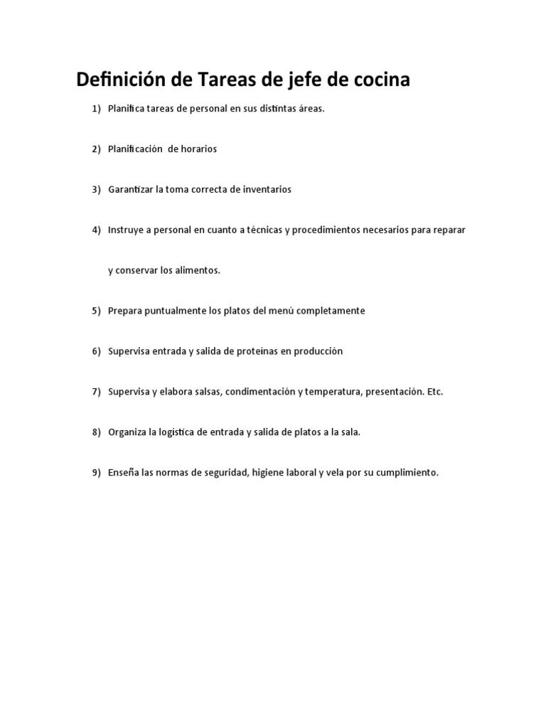 Definición de Tareas de Jefe de Cocina | PDF