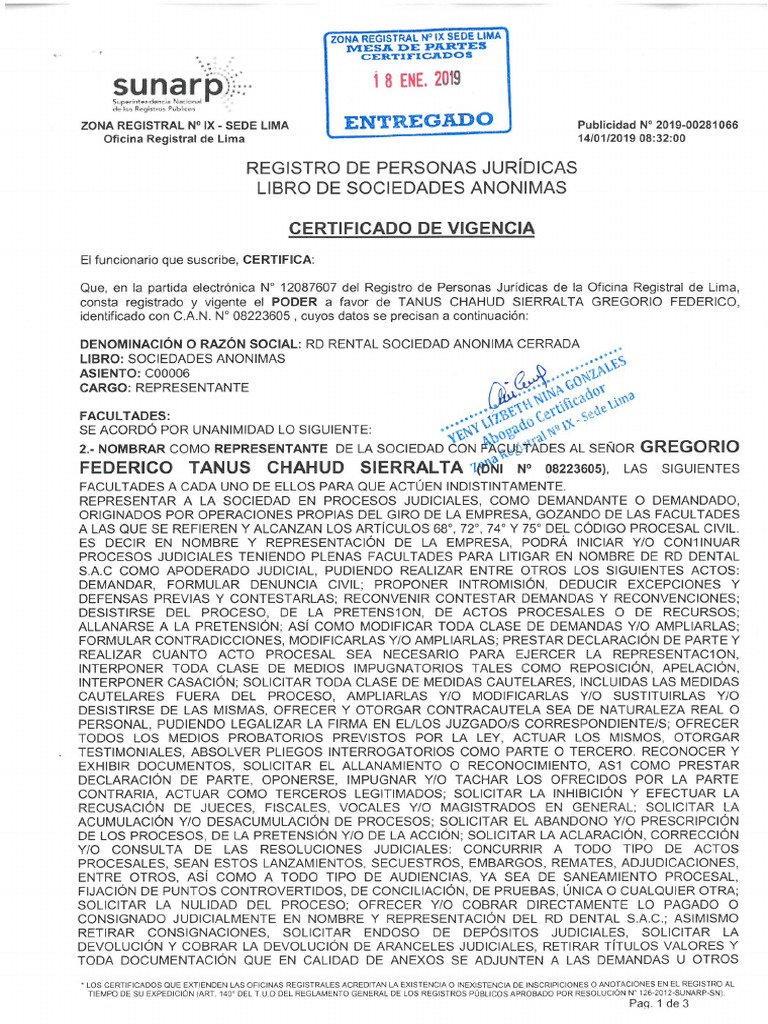 Vigencia Poder - Tanus Chahud Sierralta - RD Rental 18.01.2019 | PDF