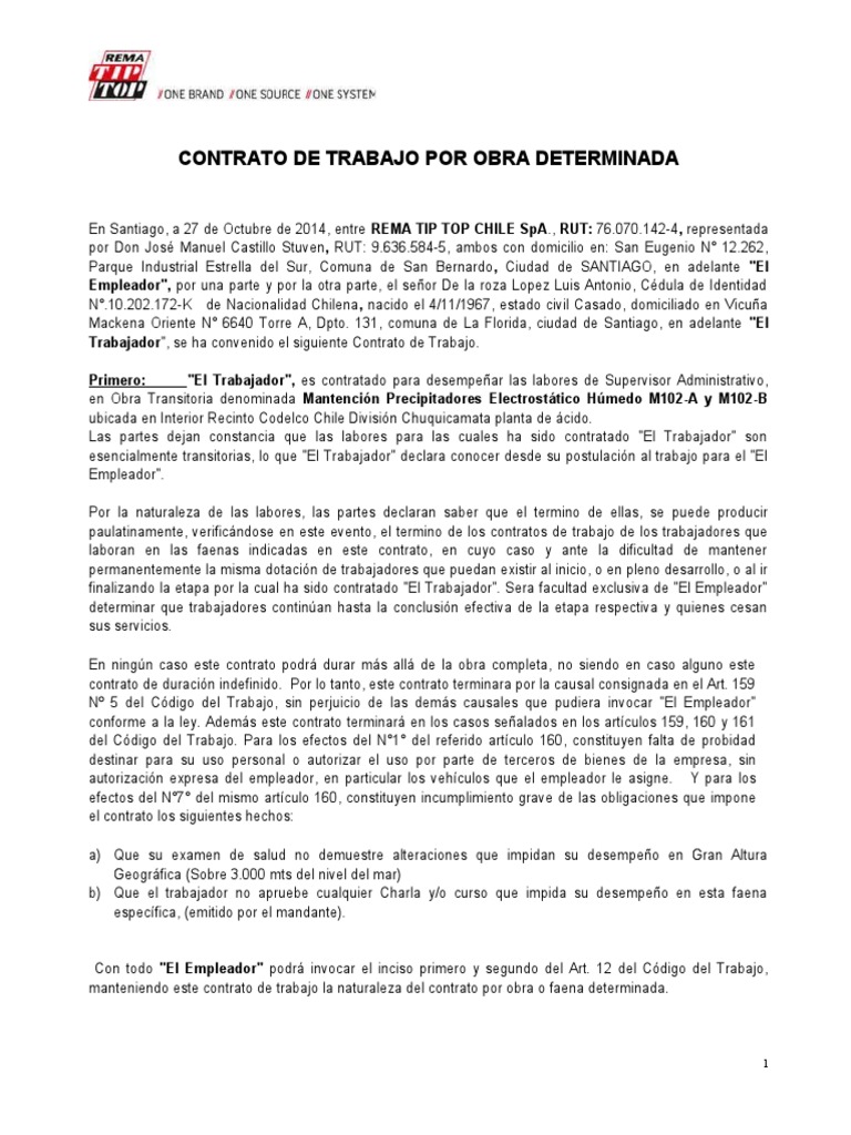 CONTRATO DE TRABAJO POR OBRA DETERMINADA Modelo | PDF | Salario | Chile