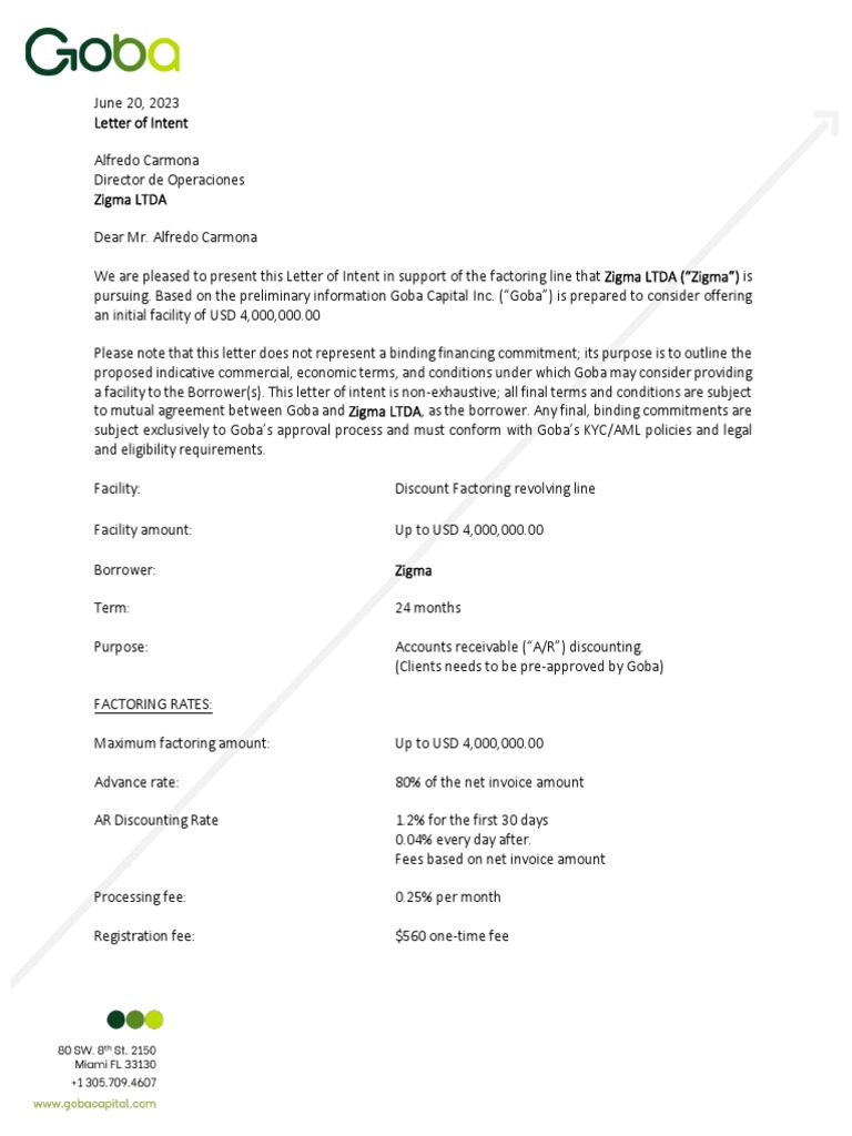 06-20-23 Goba Capital LOI Factoring Zigma Comercializadora S.A.S - Signed | PDF | Factoring ...