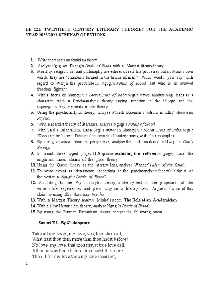 Twentieth Century Literary Theories Seminar Questions | PDF ...