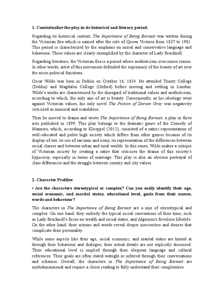 Reading Questions 2 - The Importance of Being Earnest | PDF | The ...
