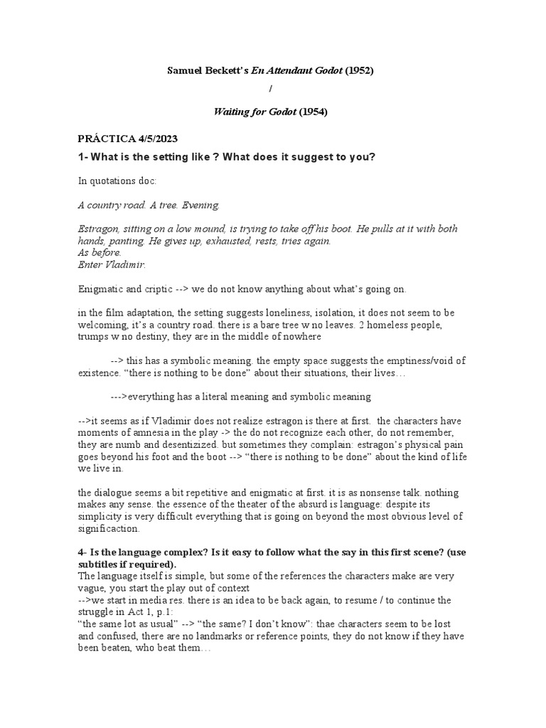 Reading Questions 3 - Waiting For Godot 2020 | PDF