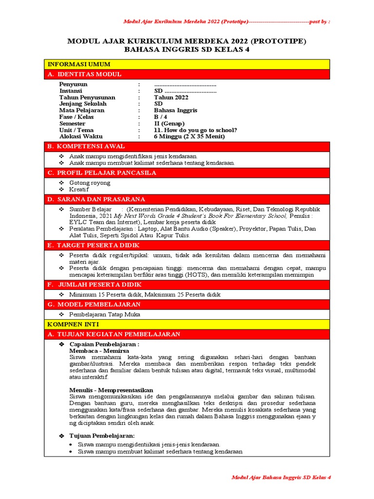 Modul Ajar B. Inggris Unit 11 KELAS 4 | PDF