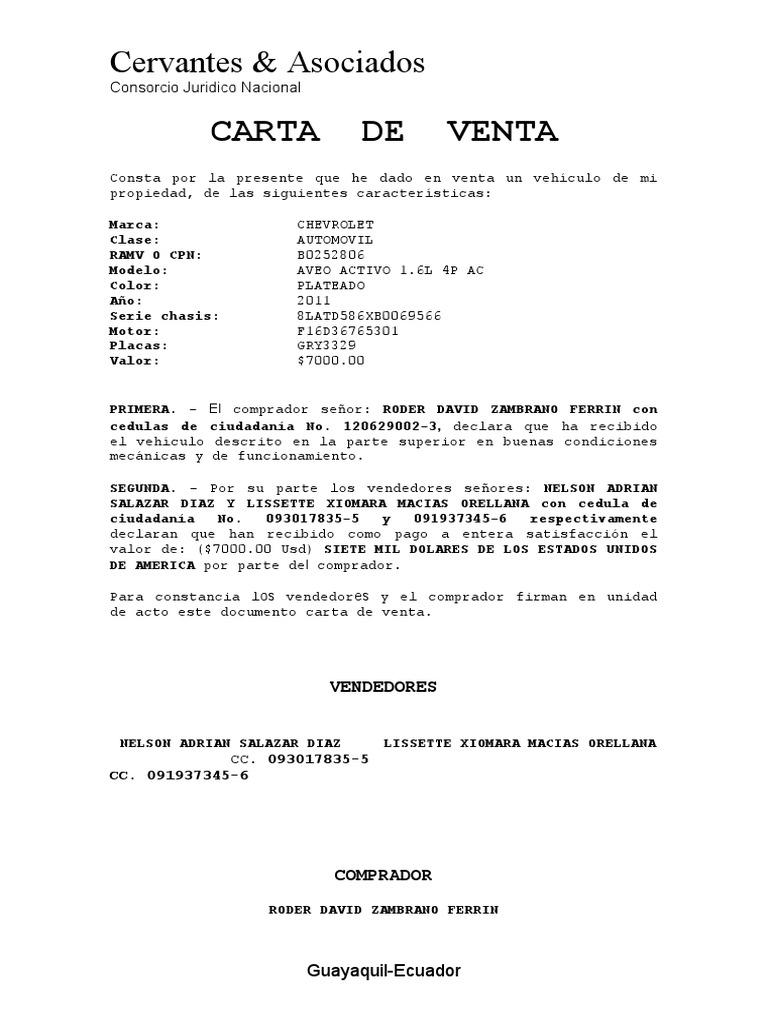 CARTA DE VENTA VEHÍCULO | PDF