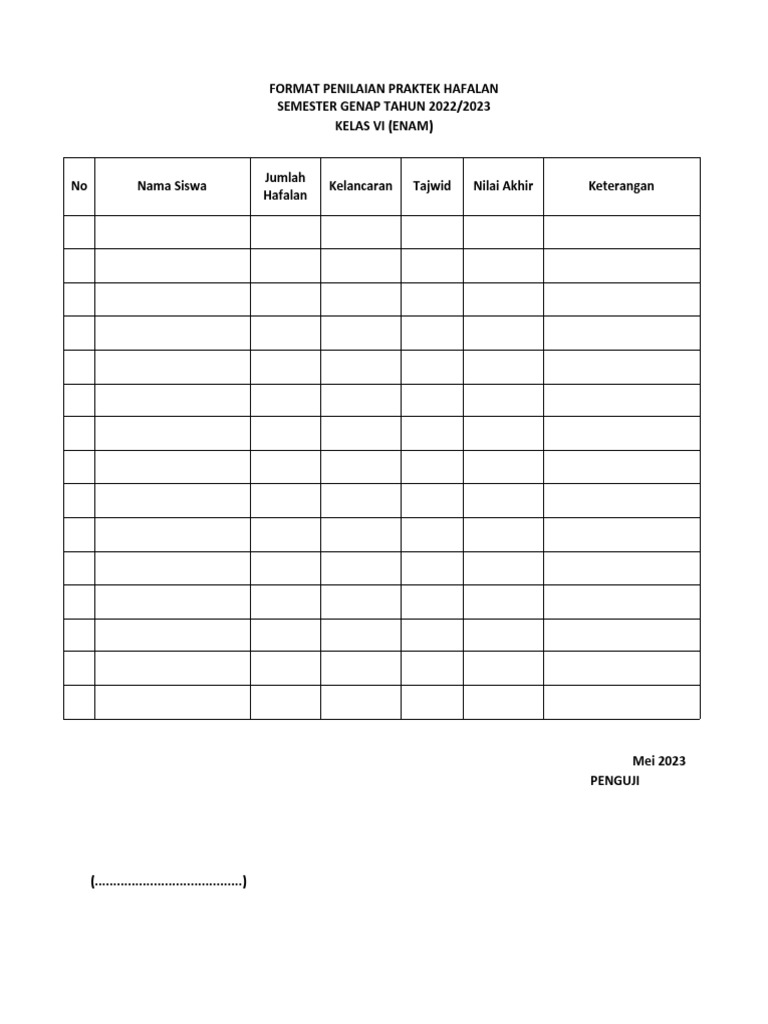 Format Penilaian Praktek Hafalan | PDF