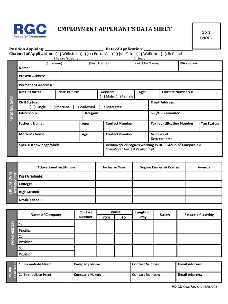 02. FO-OD-003 Employment Applicants Data Sheet v4 (RGC) | PDF