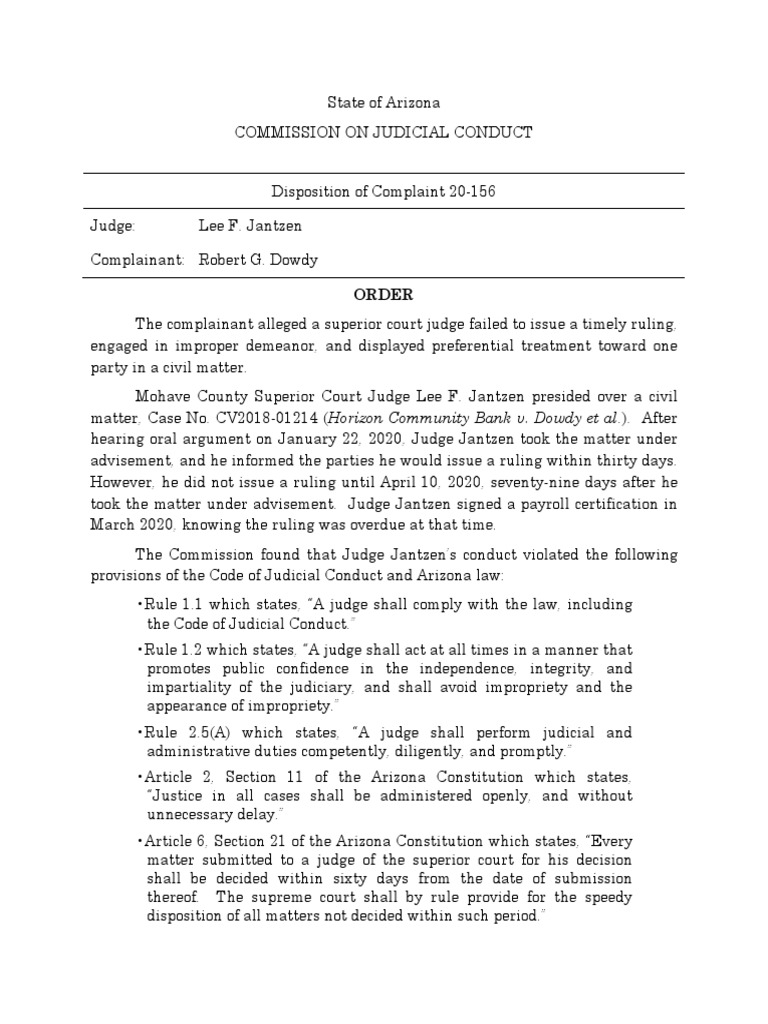 Judge Lee F. Jantzen JUDICIAL CONDUCT Complaint | PDF | Lawsuit | Judge