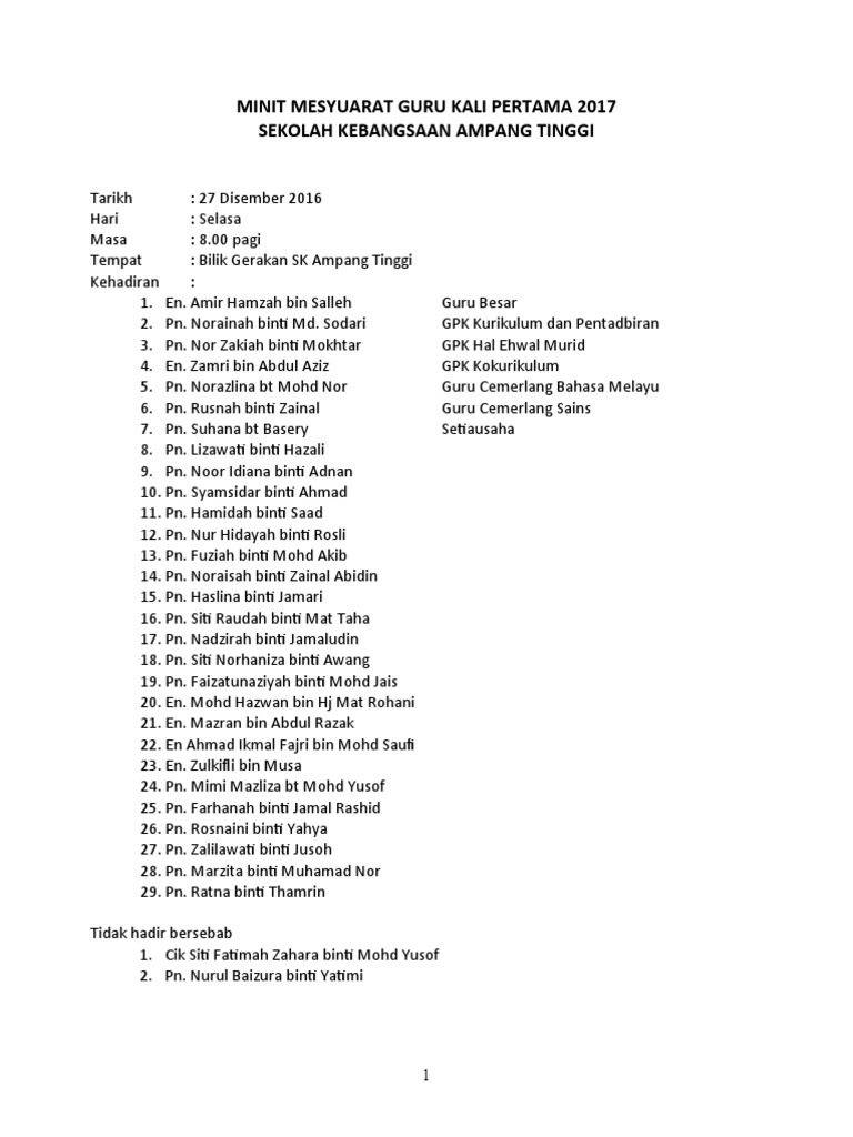 Minit Mesyuarat Guru Kali Pertama | PDF