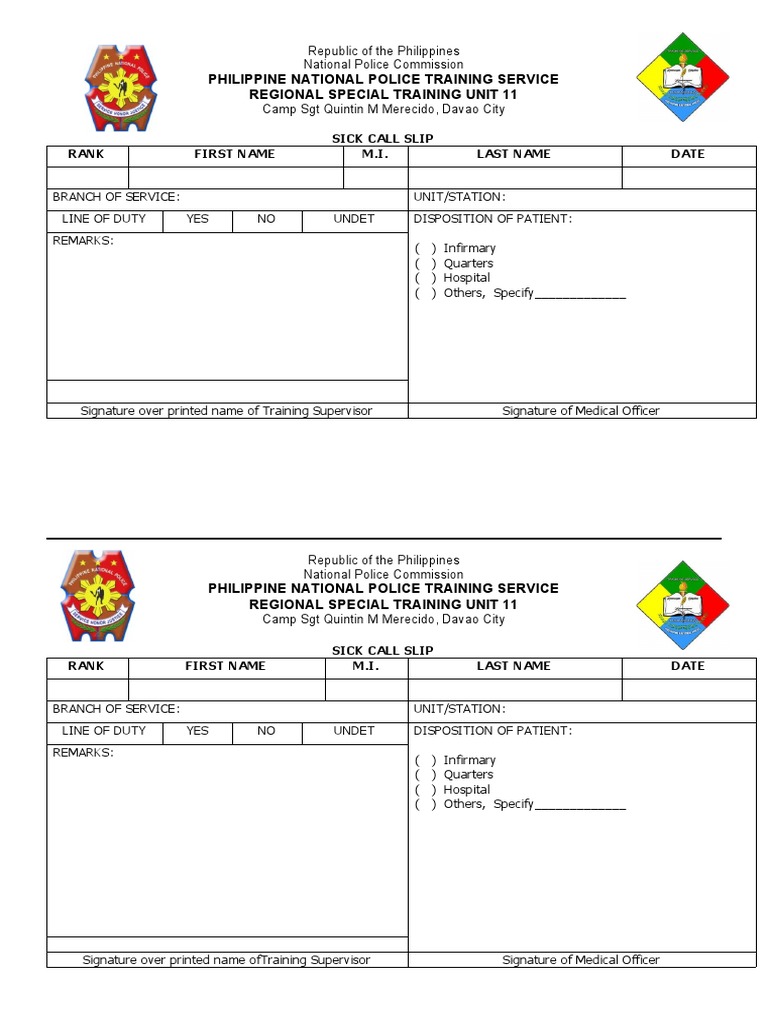 Sick Call Slip Form | PDF