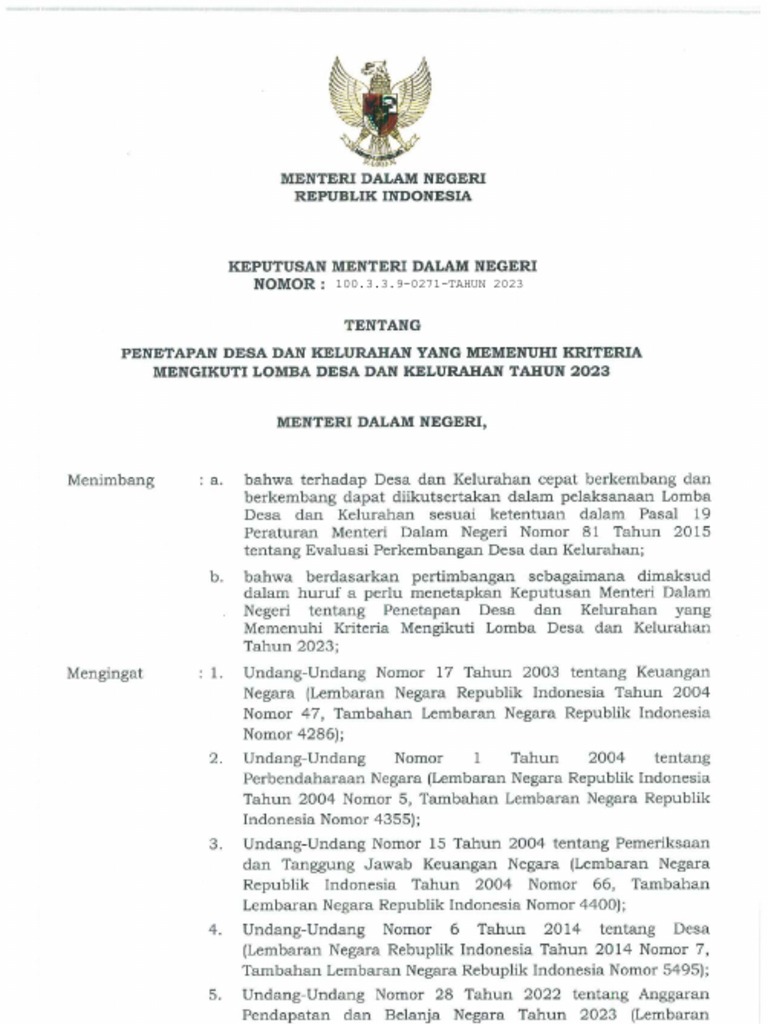Kepmendagri Penetapan DesKel Untuk Lomdeskel 2023 - Compressed | PDF
