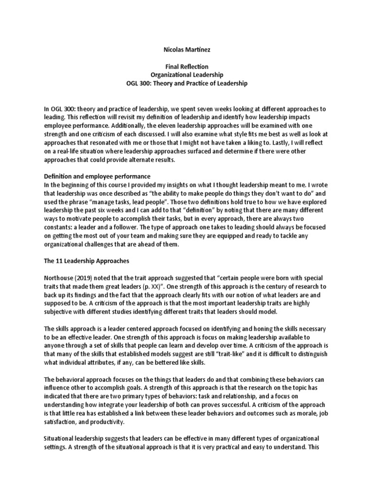 Nicolas Martinez Final Reflection Organizational Leadership OGL 300: Theory and Practice of ...