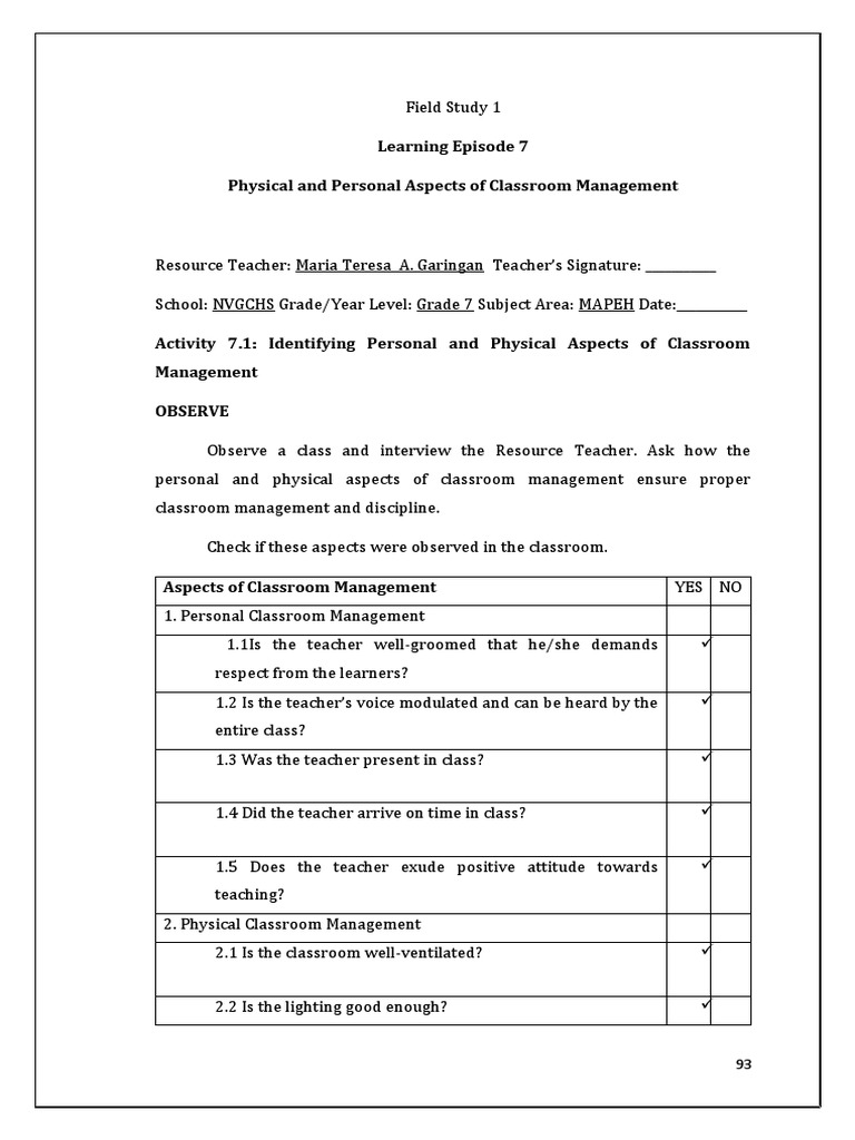 EPISODE 7 Field Study | PDF | Classroom Management | Teachers