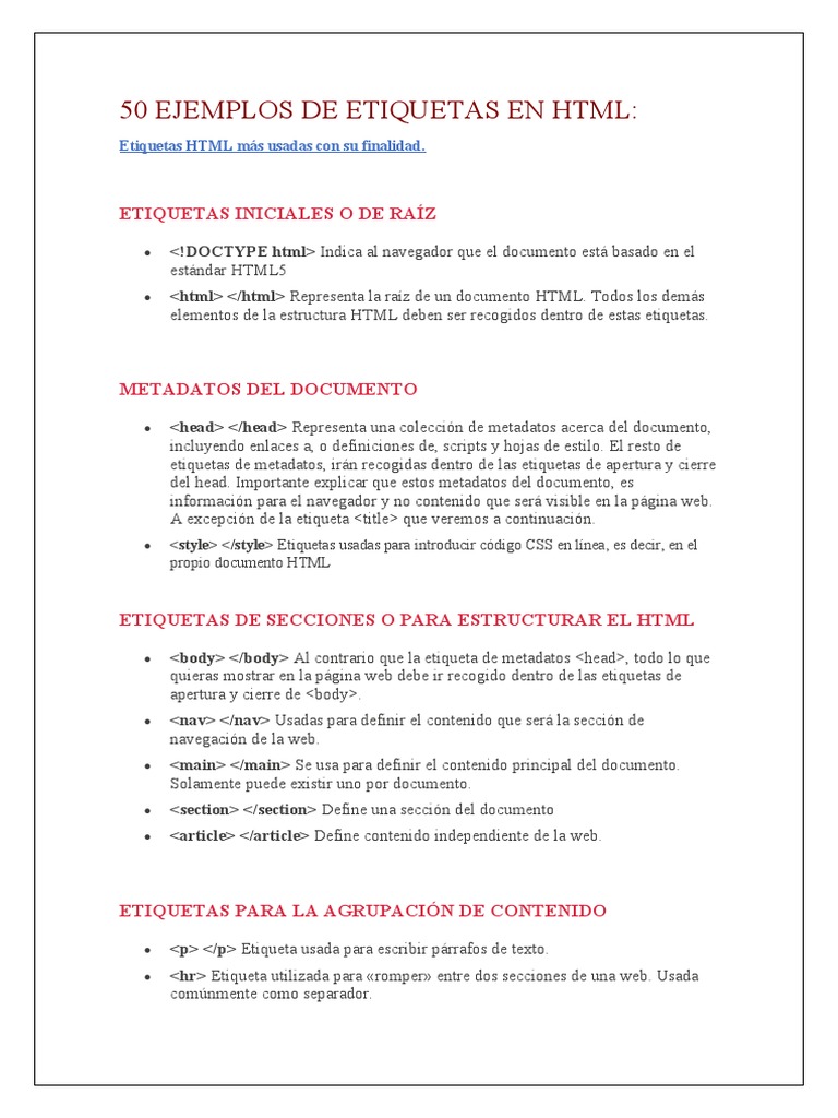 50 Ejemplos de Etiquetas en HTML | PDF | HTML | Página web 50 Ejemplos de Etiquetas en HTML | PDF | HTML | Página web