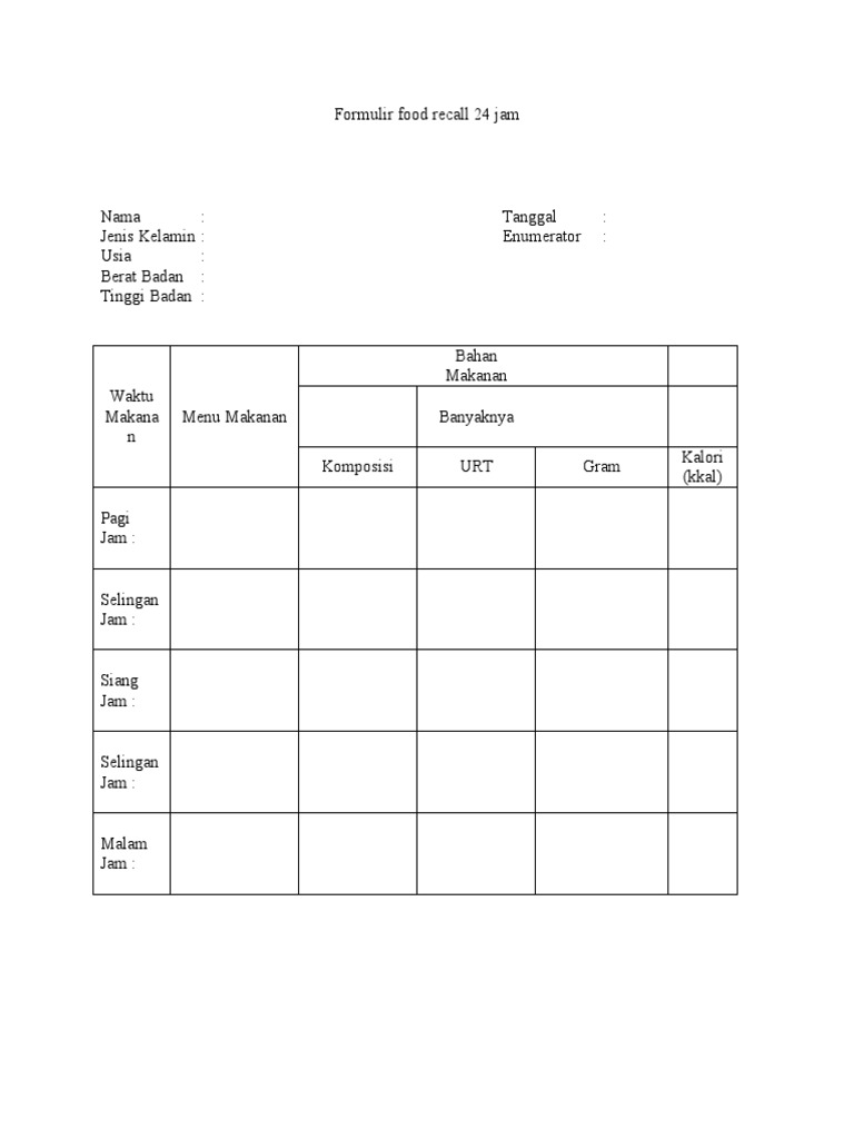 Formulir Food Recall 24 Jam PPH | PDF