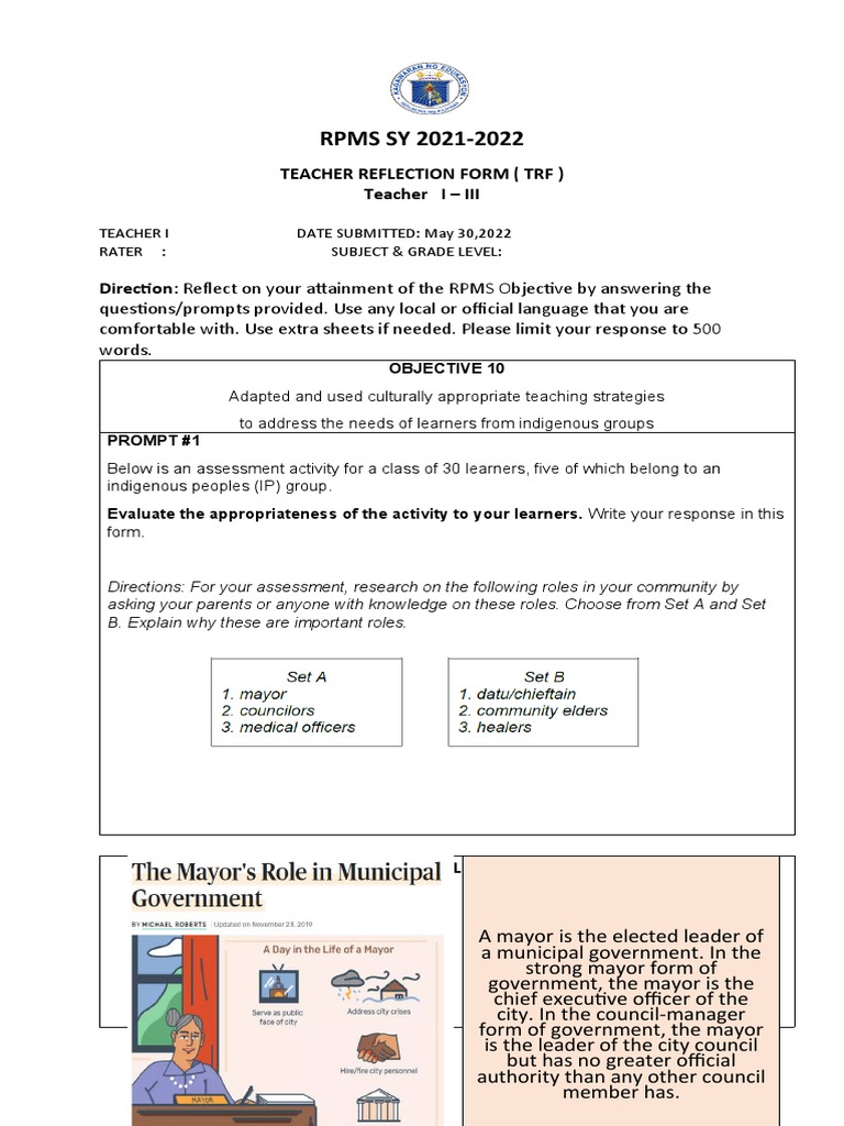 TRF Teacher Reflection On Obj. 10 - 1st | PDF | Mayor | Health Care